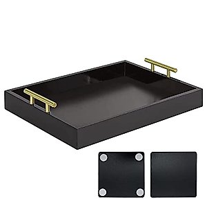 Huibaite Modern Serving Tray, Deluxe Tray for Coffee Table with Polished Gold Metal Handles and 2 Coasters, Living Room Bathroom Organizer Modern Decorative Tray, for Storage Or Display (Black)