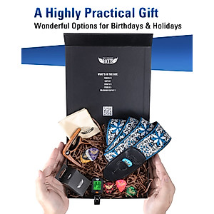 Stage Rocker Guitar Accessories Gift Box for Acoustic and Electric Guitars, Blue Jacquard Weave Guitar Strap, Picks, Capo, Tuner, Cleaning Cloth, 5-in-1 Essential Gift