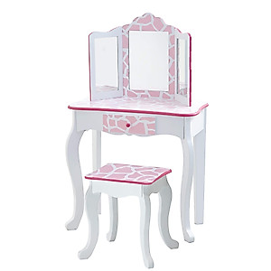 Teamson Kids Princess Gisele Giraffe Print 2-Piece Kids Wooden Play Vanity Set with Vanity Table, Tri-Fold Mirror, Storage Drawer, and Matching Stool, White with Pink Animal Print Accent