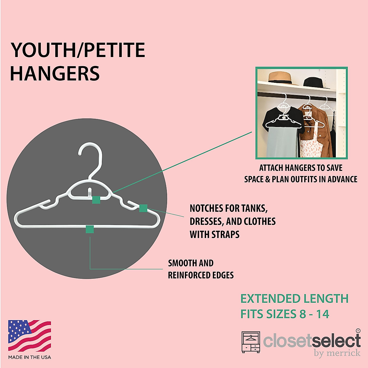 30 Pk Youth Petite Plastic Hangers for Children Clothes Sizes 8 to 12, Petite, Preteen, Junior, 30 Pack (White)