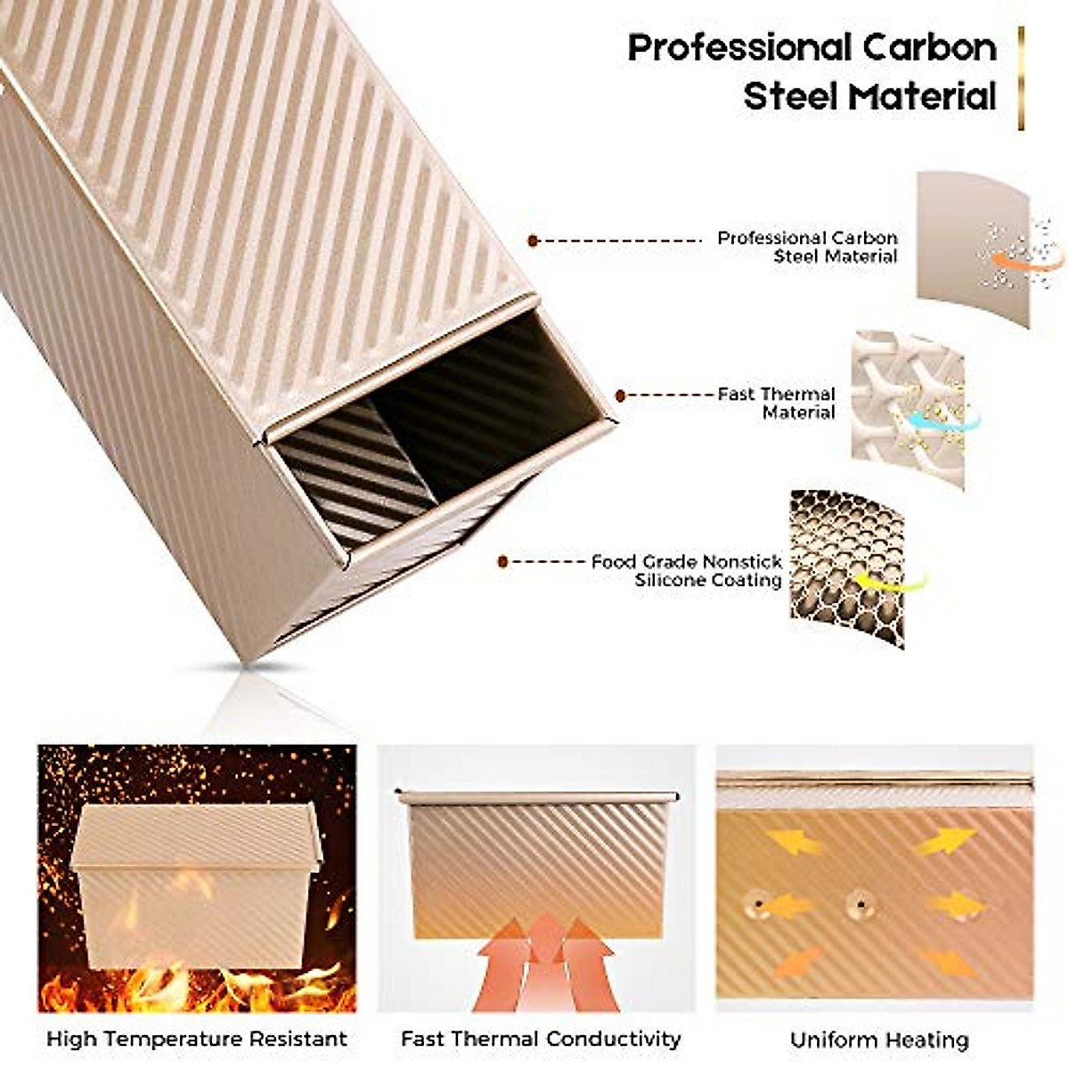 AMAGABELI GARDEN & HOME Pullman Loaf Pan with Lid Nonstick Bakeware Bread Boxes 8.4”x4.5”x4.1” Carbon Steel Corrugated Bread Toast Box Mold for Cooking Oven Baking Roasting Toaster Bake Mold Golden