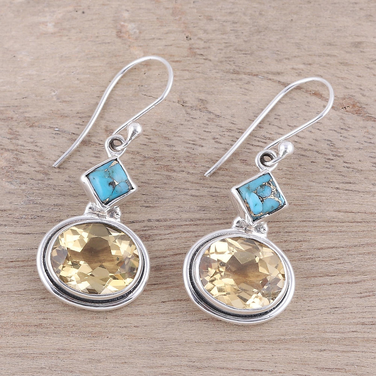 NOVICA Artisan Handmade Citrine Dangle Earrings Ninecarat Composite Turquoise Sterling Silver Reconstituted India Birthstone Gemstone [1.4 in L x 0.6 in W x 0.2 in D] ' Watery Gold'