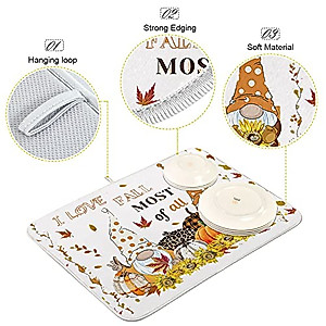 Kcldeci Autumn Fall Gnome Dish Drying Mat Kitchen Drying Pad Sunflower Pumpkin Dish Draining Mat Dish Rack Drainer Pad 18 x 24