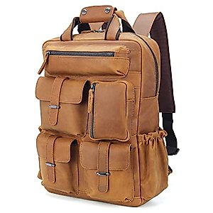 Cowhide Leather Multi Pockets 16 Inch Laptop Backpack Day Pack Travel Bag (Light Brown(Updated Version))
