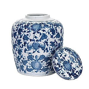 Creative Co-Op Decorative Ceramic Ginger Jar with Lid, Blue and White, Large