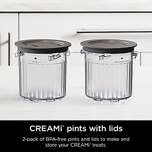 Ninja CREAMi Breeze Pints 2 Pack, Compatible with NC100 & NC200 Series CREAMi Ice Cream Makers, Genuine Ninja Pint, BPA-Free & Dishwasher Safe, Grey Lids, 1 Pint Each, Clear/Grey, XSKNC1PNT2
