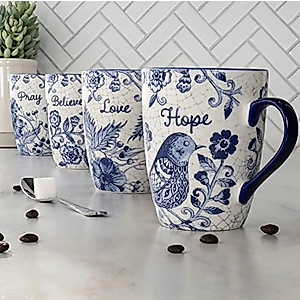 Blue Birds - Believe Hope Pray & Love Inspirational Blue and White Floral Ceramic Coffee/Tea Mug Set for Women Boxed Set/4 Coffee Cups
