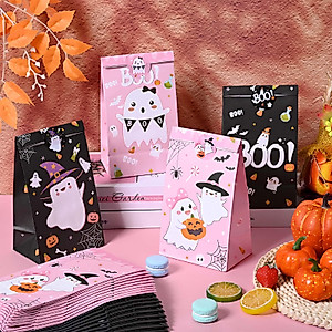 24Pcs Halloween Paper Treat Bags Pink Black Boo Ghost Pumpkin Candy Goodie Bags with Stickers for Halloween Trick or Treat Party Favors Baby Shower Supplies