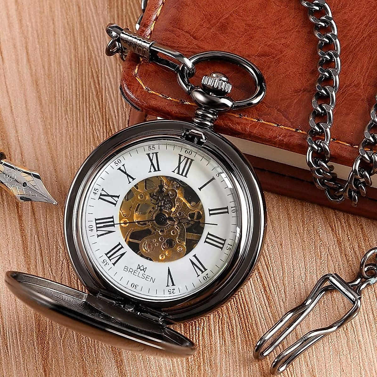 Brelsen Onyx Black Double Hunter Mechanical Pocket Watch