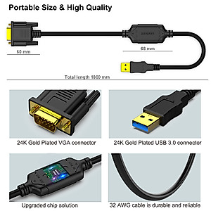 BENFEI 6 Feet USB 3.0 to VGA Cable Male to Male, Uni-Directional USB to VGA for Windows 11, Windows 10, Windows 8.1, Windows 8, Windows 7(Not for Mac)
