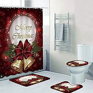 Novobey 4 Pcs Christmas Shower Curtain Sets with Non-Slip Rug, Toilet Lid Cover and Bath Mat, Waterproof Polyester Shower Curtain with 12 Hooks for Christmas Decoration
