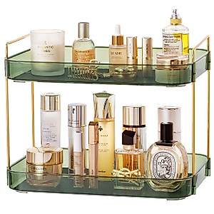 HBlife Bathroom Countertop Organizer 2 Tier Makeup Organizer Perfume Tray Skincare Storage Cosmetic Organizer Bathroom Counter Shelf, Clear Green