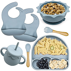 Mishall Baby Feeding Set – 10-Pcs Baby Heavy-Duty Supplies Set with Suction Plates, Bowls, Fork, Spoon, Baby Bibs – Food-Grade Silicone Utensil Set – Self-Feeding Supplies for Babies and Toddlers-Blue