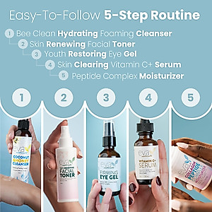 Eva Naturals Rejuvenating Skin Care Set - Exfoliate, Replenish & Moisturize With Vitamin C Plus Serum, Bee Clean Cleanser, Eye Gel, Face Moisturizer & Toner - Perfect Facial Cleanser Bundle
