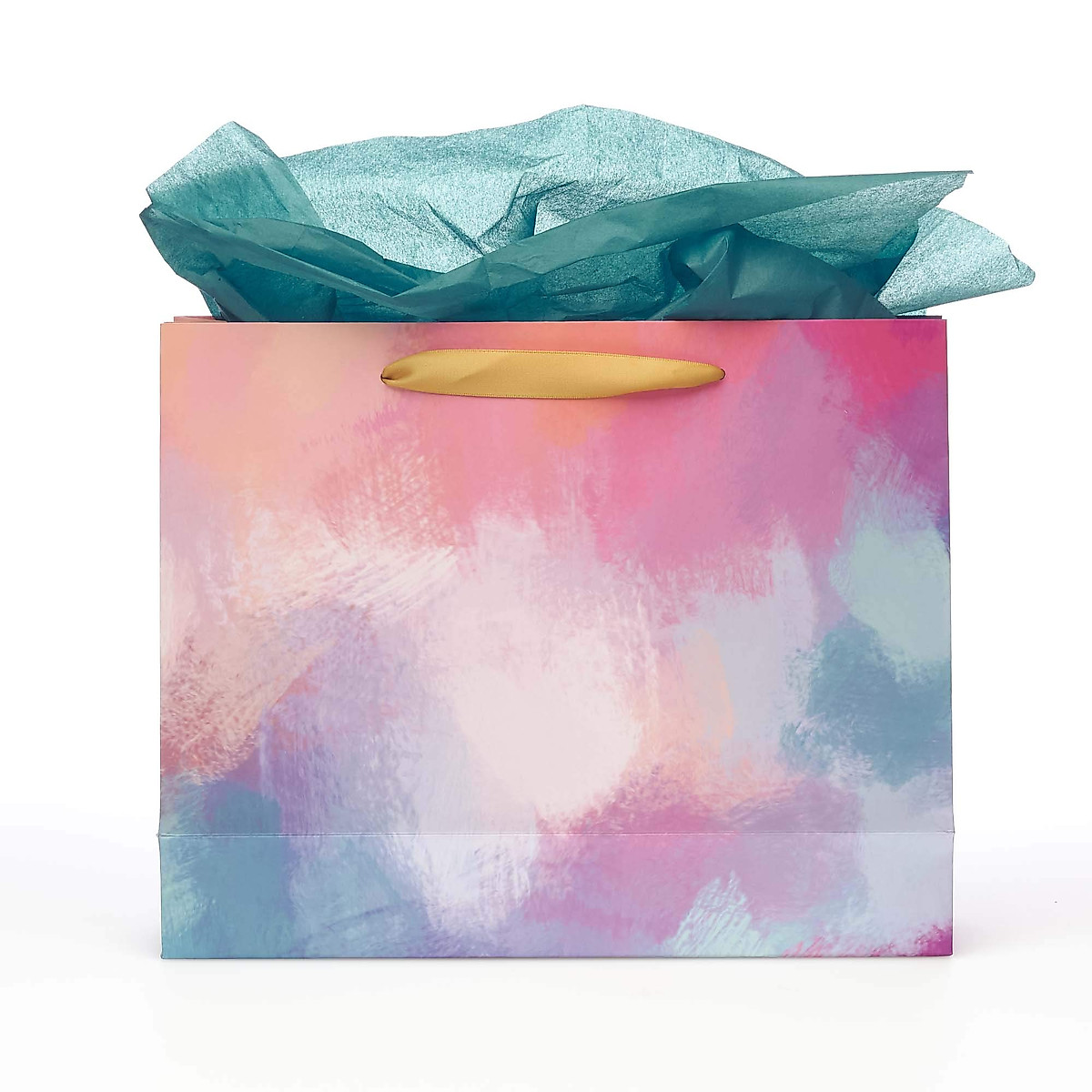WITH LOVE Happy Birthday Women's Large Gift Bag Set w/Card & Tissue Paper Blue Pink Purple Watercolor Design for Her Birthday Inspirational Gift Wrap Bag, Landscape 10" x 12.5" x 3.9"