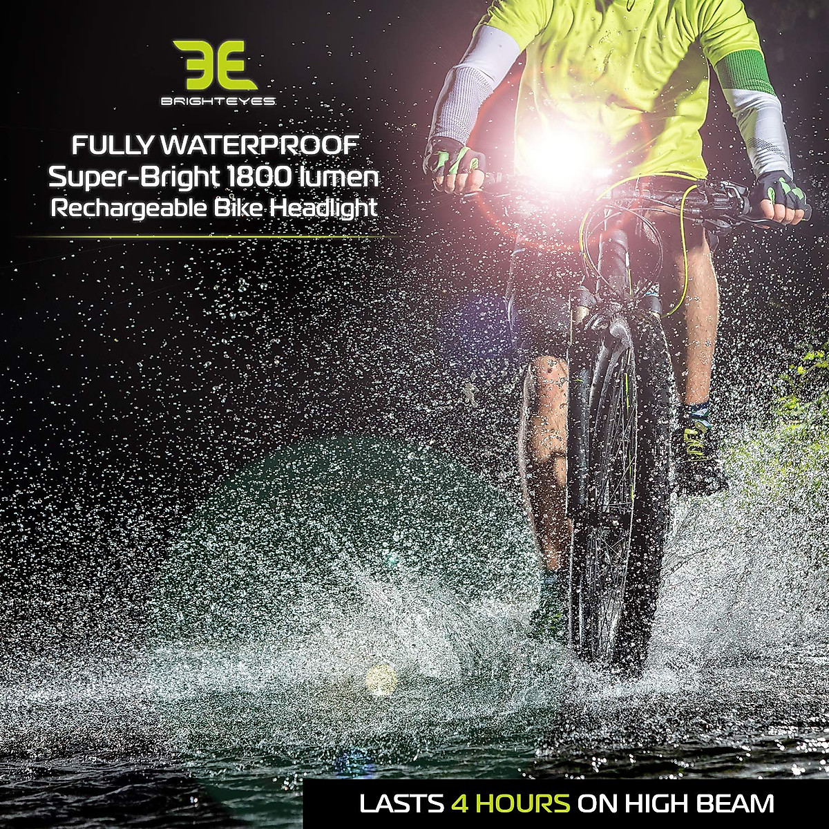 BRIGHT EYES 1800 Lumen Bicycle Light Set - The Stamina - Super Bright Headlight w/Quad Cree Technology and Light Weight Military Grade Nylon Shell - Free USB Rechargeable Taillight