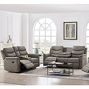 Verfur 2 Pieces Faxu Leather Recliner Sofa Sets, 3 Seater Manual Reclining Motion Couch and Loveseat with Storage Console & Cup Holders for Living Room/Office/RV Theater Seating Furniture Set
