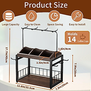 ORNAROVI Coffee Cup Holder with Partitioned Storage, 2 Tier Mug Racks for Counter, Coffee Mug Holder with Open Shelf and 15 Hooks, Coffee Bar Accessories and Organizer for Kitchen, Office (Black)