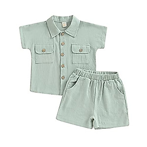 Toddler Baby Boys 2Pcs Linen Short Sleeve Outfits Set Color Block Button Down T-Shirt Elastic Shorts with Pockets (Light Green, 12-18 Months)