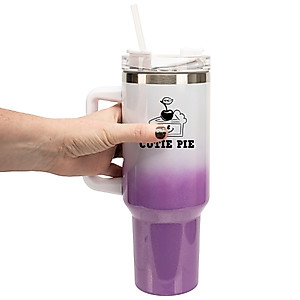 100 North Cutie Pie Cherry Slice Cartoon 40 oz. Stainless Steel, Large Water Bottle Coffee Mug, Spill & Leak Resistant, Thermal Travel Tumbler with Handle, Lid & Straw, White & Purple