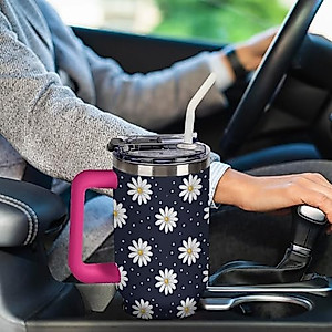 White Daisies Circles 40 Oz Tumbler Insulated Stainless Steel Water Bottle Travel Mug Car Cup with Handle And Straw