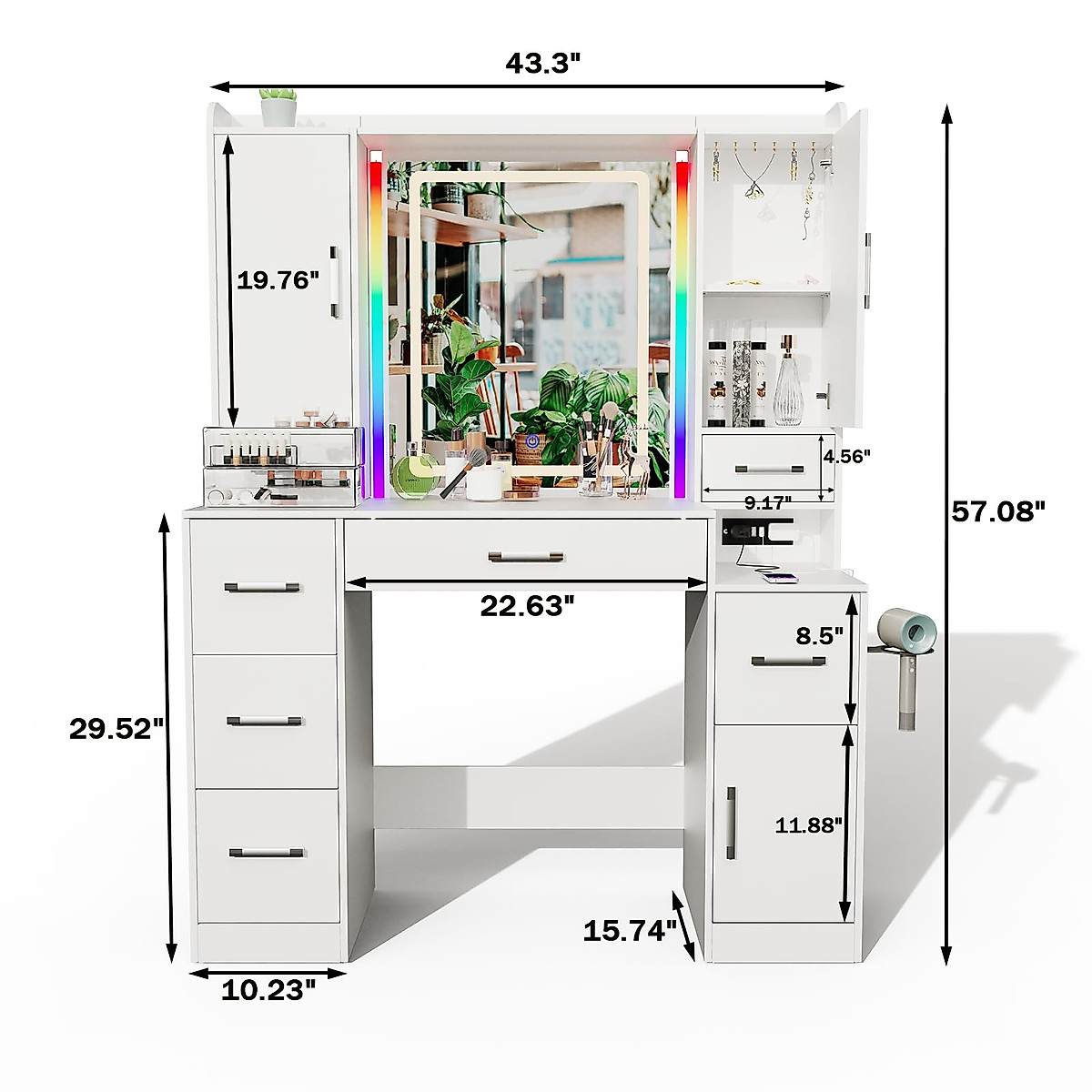 Hiwelldas Vanity Desk with Mirror and Lights, 43.3'' Large Makeup Vanity with RGB Ambient Light & Power Outlet, Dressing Table with 7 Drawers, 3 Cabinets, 6 Hooks,1 Dryer Rack,White
