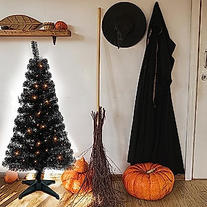 Juegoal Lighted Artificial Halloween Christmas Tree, Pre-lit 4 FT Black Tinsel Xmas Pine Trees, Light up with 70 LED Lights Battery Powered, 8 Modes & Timer for Home Office Party Decorations