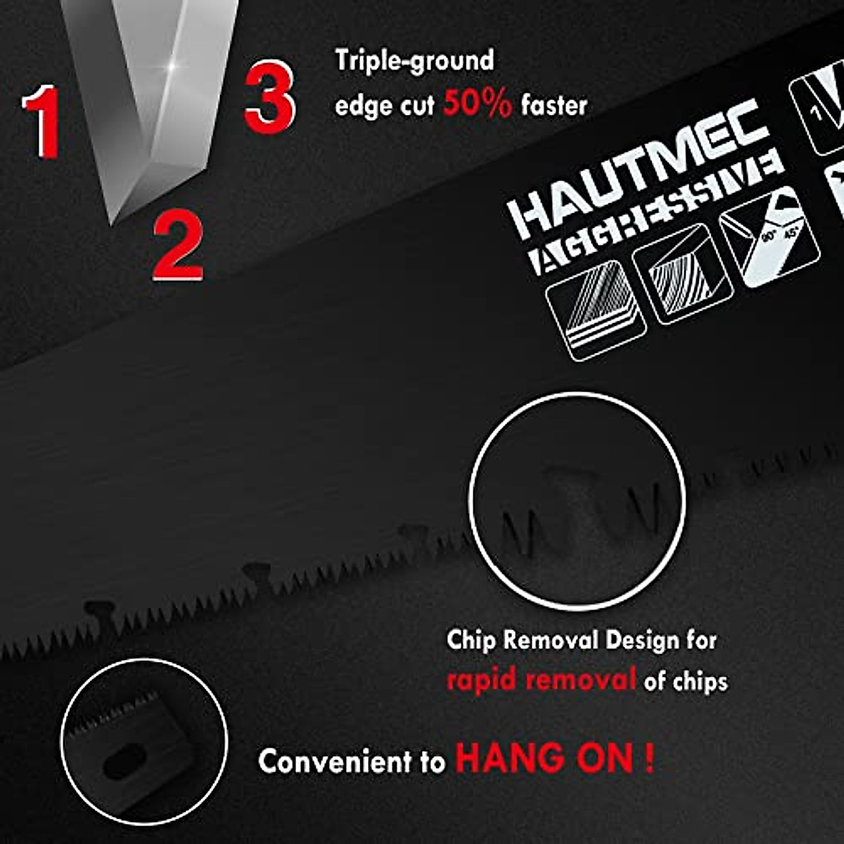 HAUTMEC 22-Inch Aggressive Hand Saw, Ergonomical Handle, Rust-proof Wood Saw With Chip Removal Design, for Heavy Duty Sawing, Trimming, Gardening of Wood, Drywall, Laminate And Plastic HT0026-SA