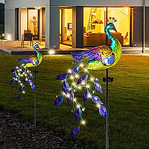 DREAMSOUL Solar Garden Lights Outdoor, Metal Peacock Decor Solar Lights Garden Stakes with Led String Lights, Waterproof Crackle Glass Ball Landscape Path Light for Lawn Patio Yard Garden Decorations