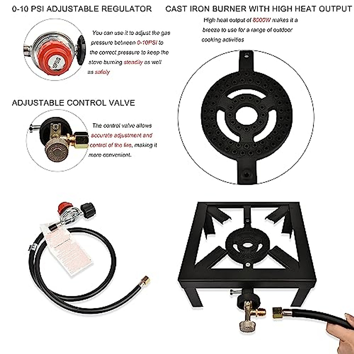 Holwim Portable Single Burner Outdoor Gas Stove Propane Burner Cooker with CSA Certified Adjustable 0-10Psi Regulator & Hose Perfect for Camping, Home Brewing, BBQ, Turkey Fry, Maple Syrup Prep