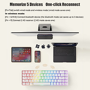 Ajazz K685T Wireless 60% Mechanical Keyboard, Bluetooth/2.4G/Wired Multi-Mode, RGB Backlight, N-Key Rollover 68 Keys, Hot Swap Switch, Compatible for Multi-Device Connection (White, Brown Switch)