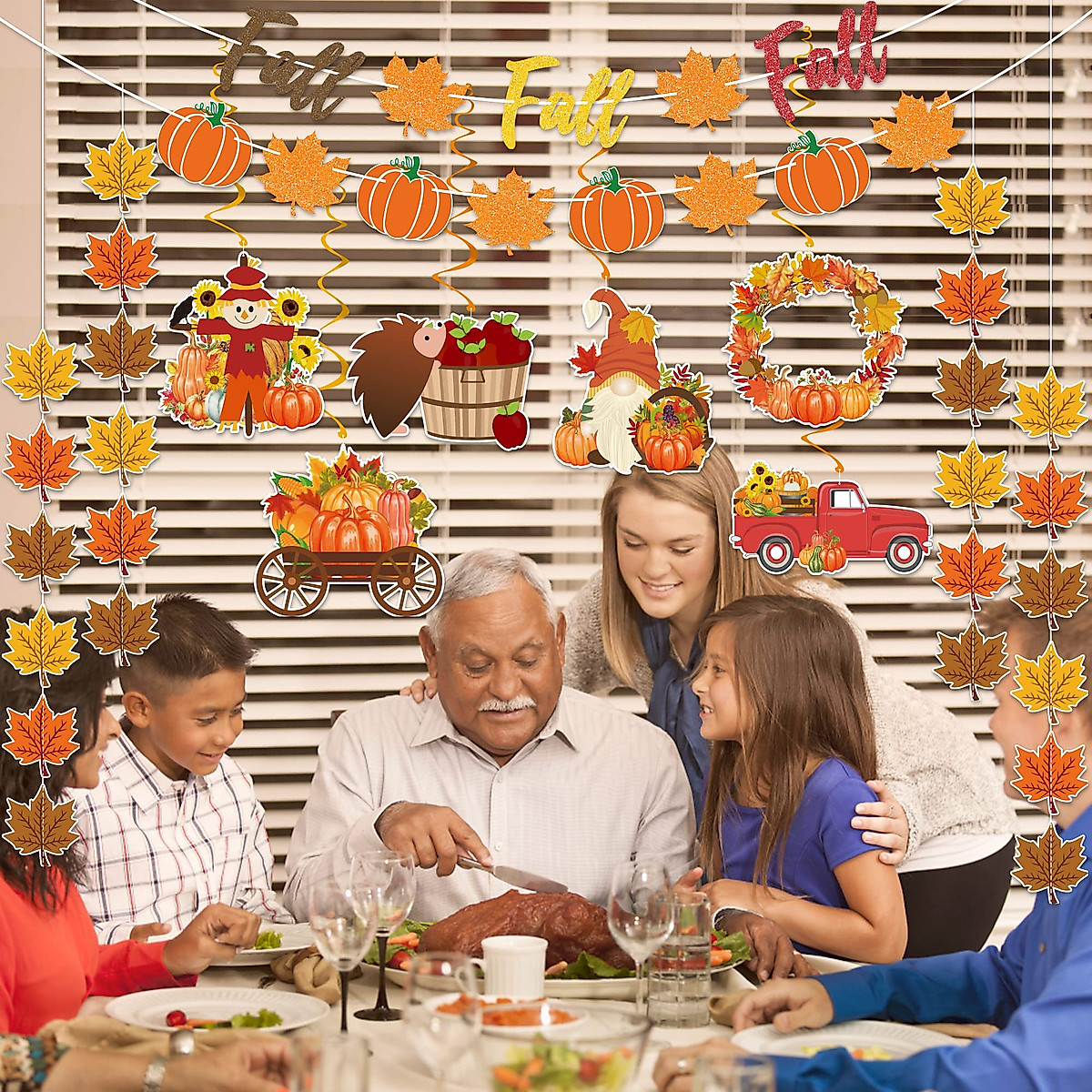 Fall Party Decorations Supplies - NO DIY- Fall Home Decor Set Include Glitter Fall Banner Pumpkin Maple Leaf Garland, 6pcs Hanging Swirls, 4Pcs Maple Leaves Garland Strings for Fall Thanksgiving Party