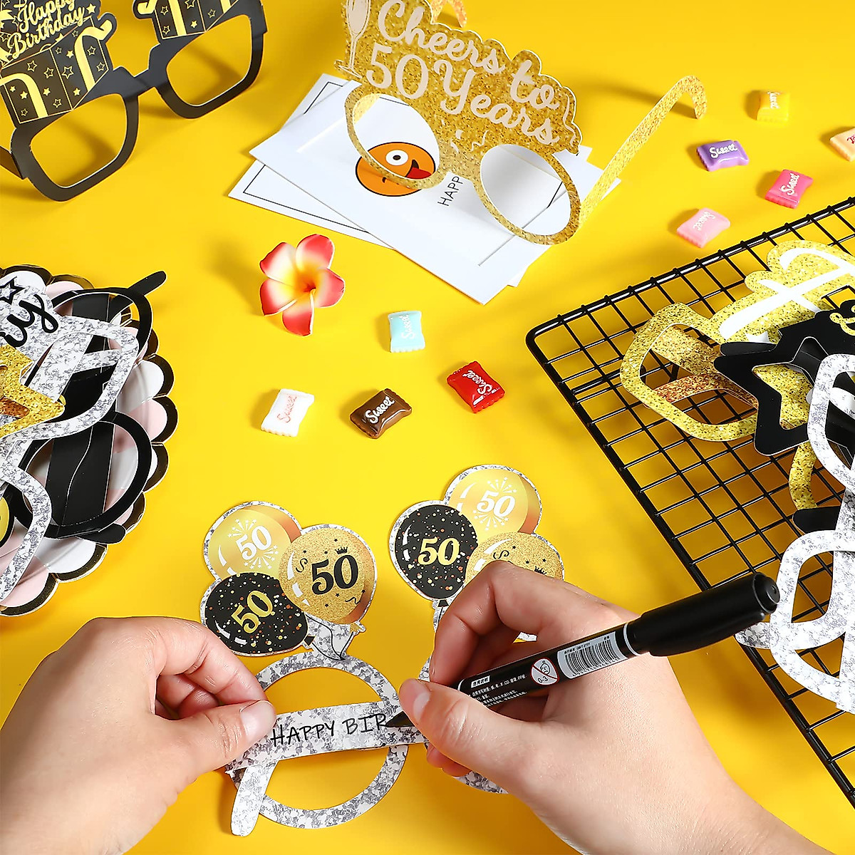 Threan 36 Pcs 40th 50th 60th Birthday Party Paper Eyeglasses Decoration, Birthday Eyeglasses Photo Props Decor for Men Women(50th)