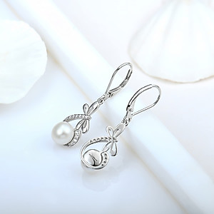 JO WISDOM Women Pearl Earrings 925 Sterling Silver Celtic Infinity Butterfly Dangle & Drop Earrings with 8mm Freshwater Pearl Jewelry