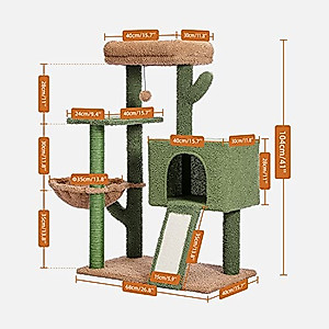 PAWZ Road 41 Inches Cactus Cat Tower with Sisal Covered Scratching Post and Cozy Condo for Indoor Cats, Cat Climbing Stand with Plush Perch &Soft Hammock for Multi-Level Cat Play House