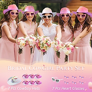 Leumoi 14 Pcs Holographic Bridal Cowgirl Party Set Heart Glasses Bride Cowboy Hats for Bachelorette Party Wedding (White, Pink)