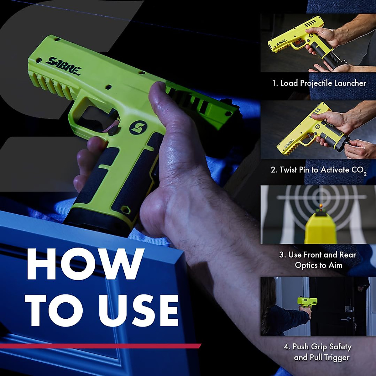 SABRE Pepper Projectile Launcher, Home Defense. Mag holds 7 .68 Caliber projectiles, Adjustable Fiber Optic Sights, Direct Impact Up to 60ft. Area Saturation Up to 175ft, 350 FPS Velocity. 12g CO2