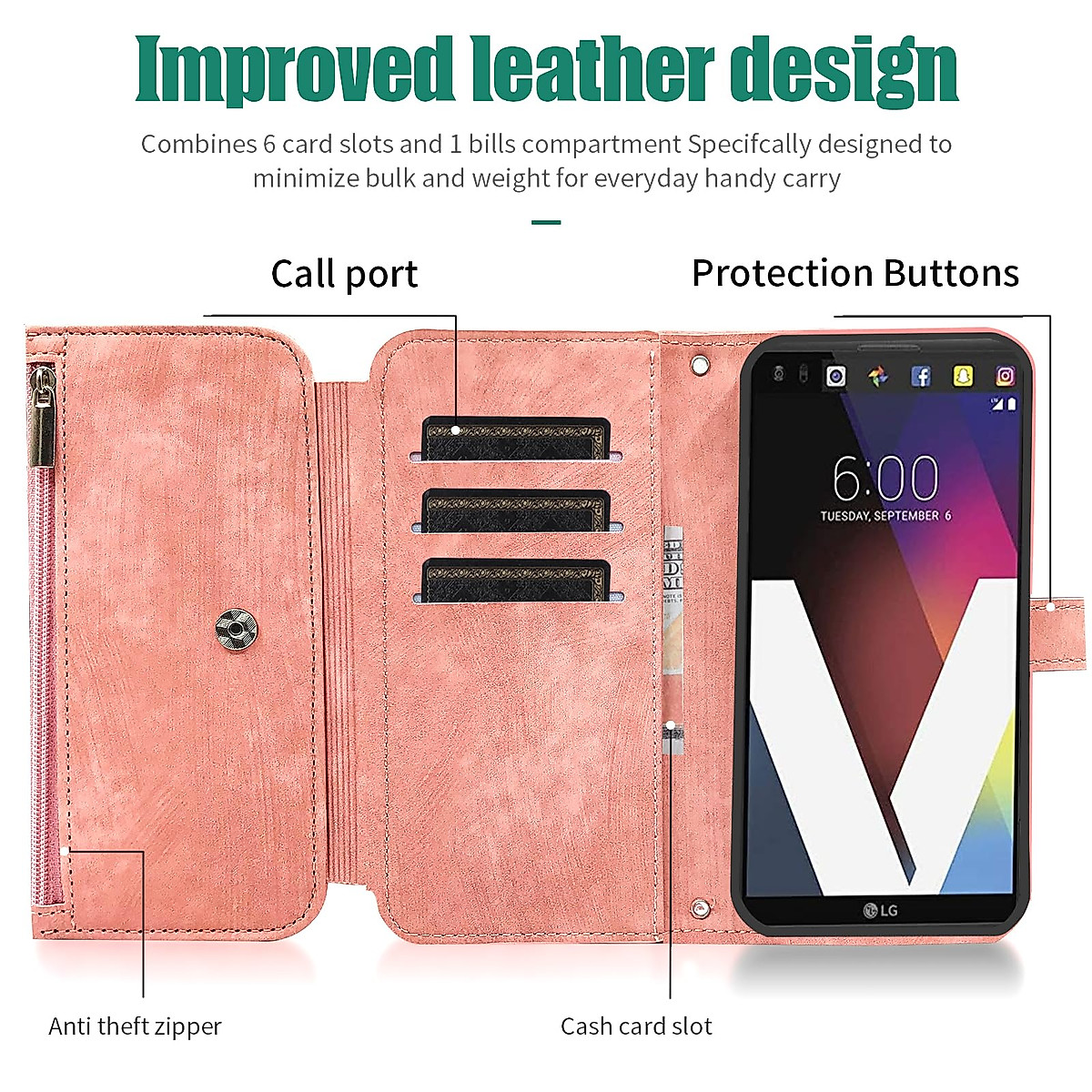 Compatible with LG V20 Wallet Case 9 Card Slots Retro Leather Flip Credit Card Holder Cell Phone Cover for Folio Purse Lanyard Wrist Strap Rugged Slot Mobile LGV20 LG20 V 20 ThinQ Women Men Pink
