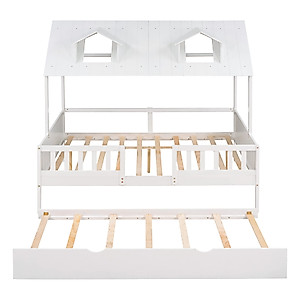 Harper & Bright Designs Full Size House Bed with Trundle, Full Size Bed Frame for Kids,Wooden Cabin Full Playhouse Bed for Girls, Boys,No Box Spring Needed,White