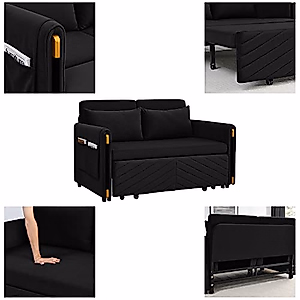 HomSof Modern Convertible Detachable Arm Pockets Velvet Loveseat Sofa with Pull Out Bed, 2 Pillows and Living Room Adjustable Backrest, Grid Design Armrests, Style D, Black