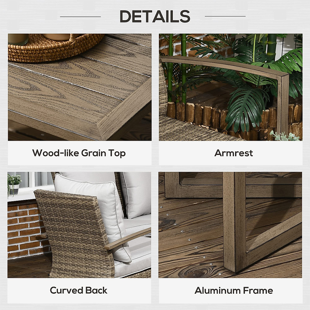 Outsunny 4 Piece Wicker Patio Furniture Set with 2 Rocking Chairs, Loveseat Sofa, Outdoor PE Rattan Conversation Set with Cushions, Aluminum Table for Porch, Poolside, Light Gray