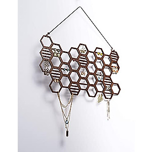 Heesch Hanging Earring Holder Honeycomb Earring Organizer Wall Mount Earring Display Wood Hanging Jewelry Organizer for Stud Earrings, Necklaces (Walnut)