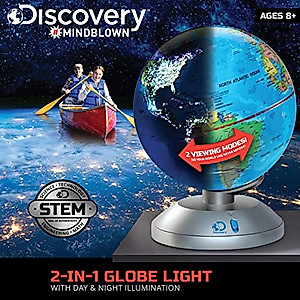 Discovery Kids 2-in-1 World Globe LED Lamp w/Day & Night Modes, STEM Geography Map Educational Toy for Children, Solar System, Light Up Cities and Countries, Rotating w/Display Stand
