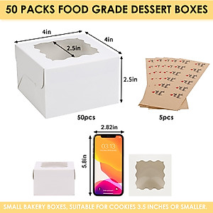 Moretoes 50pcs 4x4x2.5 Inches White Bakery Boxes with Window, Cookie Boxes, Mini Cake Boxes, Dessert, Pastry, Small Treat Boxes