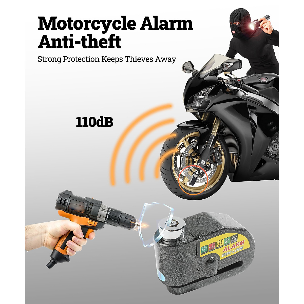 Zlirfy Motorcycle Alarm Disc Brake Lock,Waterproof Motorcycle Security Alarm Padlock,110db Alarm Sound Anti-Theft Security Wheel Disc Lock with Reminder Cable Keys and Carry Pouch