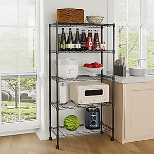 24/7 Shop at Home Rex Industrial 5 Tier Wire Shelving Rack with Wheels, Adjustable Shelves and NSF Certified, Metal Storage Shelves for Kitchen, Office, Garage, Basement, Laundry Room, Black