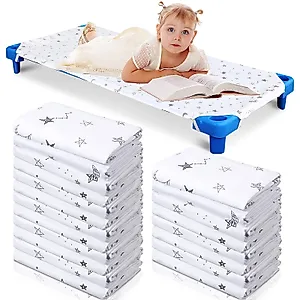 20 Pcs Daycare Cot Sheets for Toddler and Preschool Pure Cotton Breathable Fabric White Cot Sheets Standard Daycare Cot Bed Fitted Sheet for Boys and Girls, 51.18'' W x 23.62'' L (Star Moon Style)