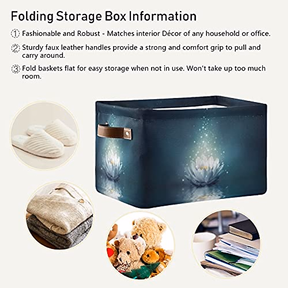 Rectangular Storage Bin Cube Magic Lotus Floral Foldable Organizer Basket with Handles, Glowing Waterlily Flower Floating On Pond Artwork Collapsible Storage Box Kid Toy Shelf Closet Nursery