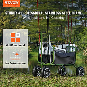 VEVOR Beach Fishing Cart, 300 lbs Load Capacity, Foldable Fish and Marine Cart with Four 11" Big Wheels Rubber Balloon Tires for Sand, Heavy-Duty Steel Pier Wagon Trolley with 8 Rod Holders for Picnic
