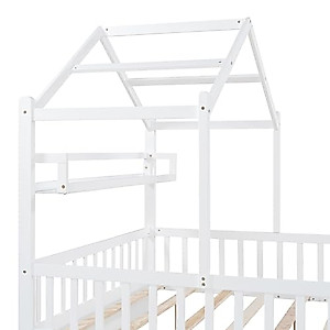 SIYSNKSI Full Size House Bed with Trundle, Wooden House Platform Bed with Shelf and Storage Headboard, Montessori Bed Playhouse Tent Bed Frame for Kids Girls Boys (White + Wood-87C)